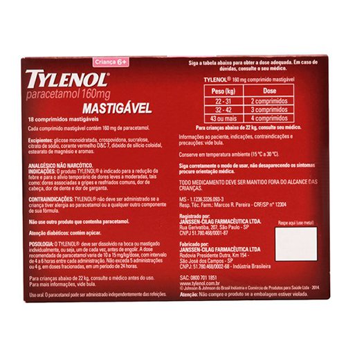 Tylenol 160mg 18 Comprimidos Mastigáveis