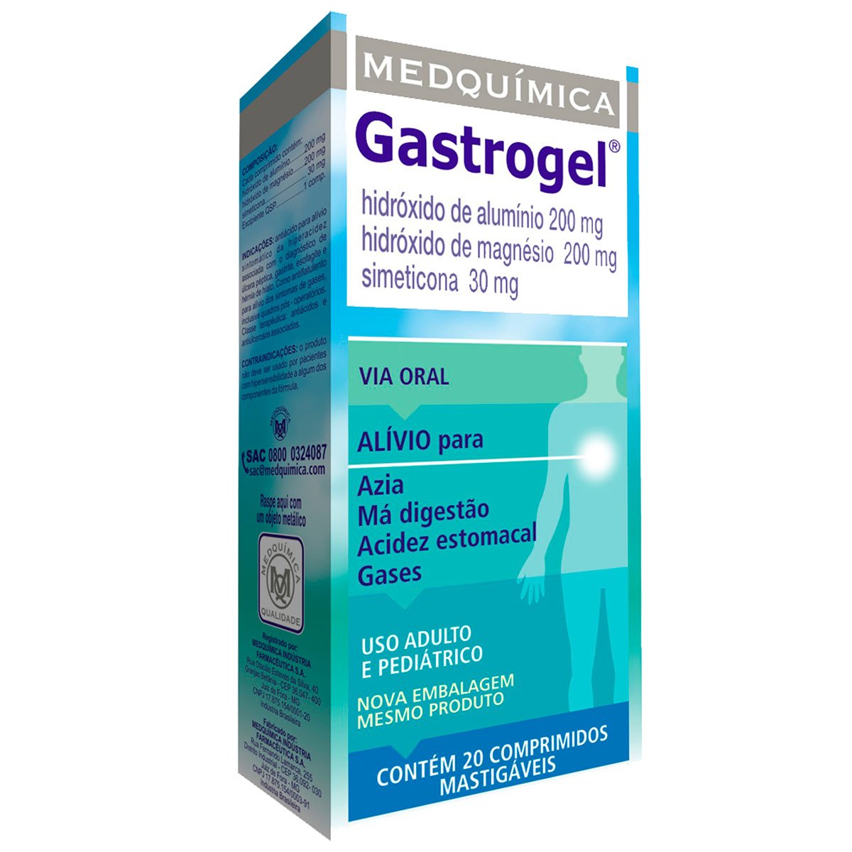 Gastrogel 153+200+25mg 20 Comprimidos Mastigáveis Sabor Menta Medquimica