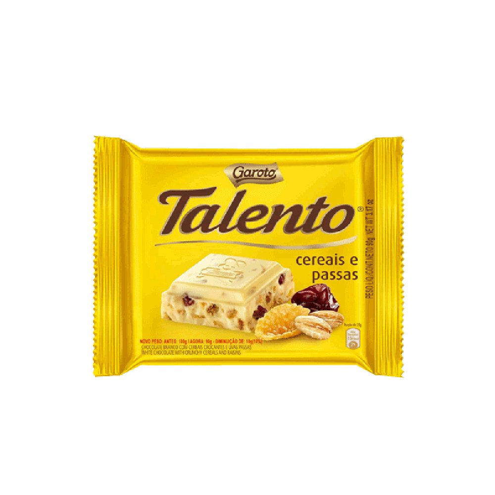 Chocolate Garoto Talento Branco Cereais E Passas 90g