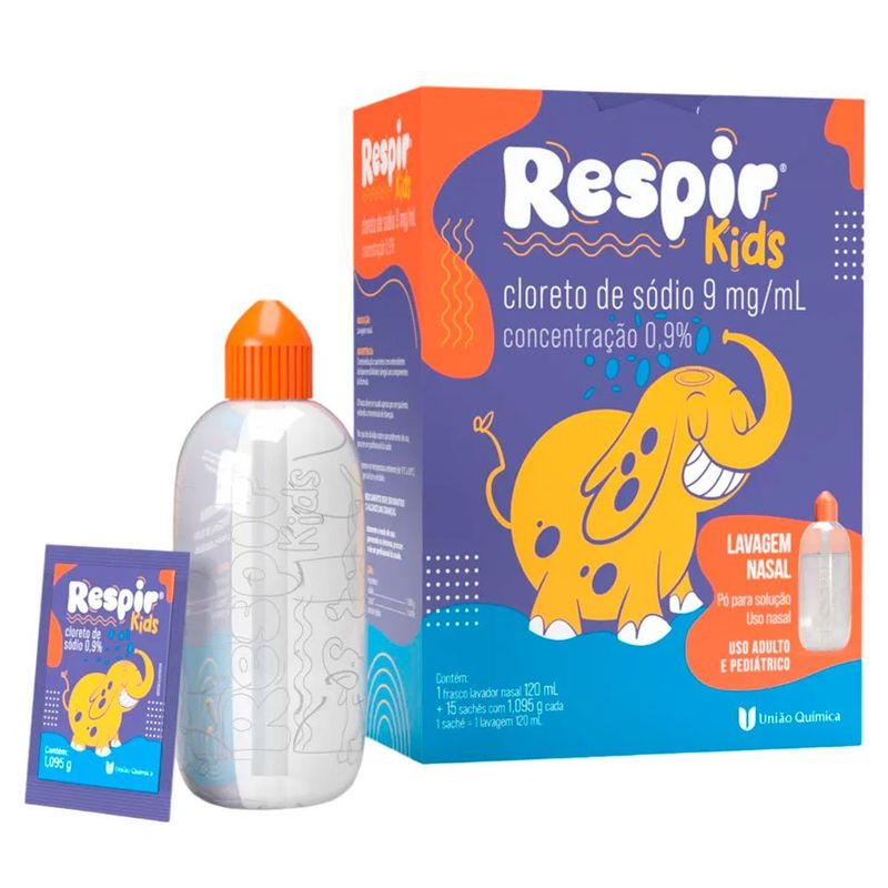 Respir Kids 0,9% 15 Sachês+ Frasco 120mL Cloreto De Sódio União Química