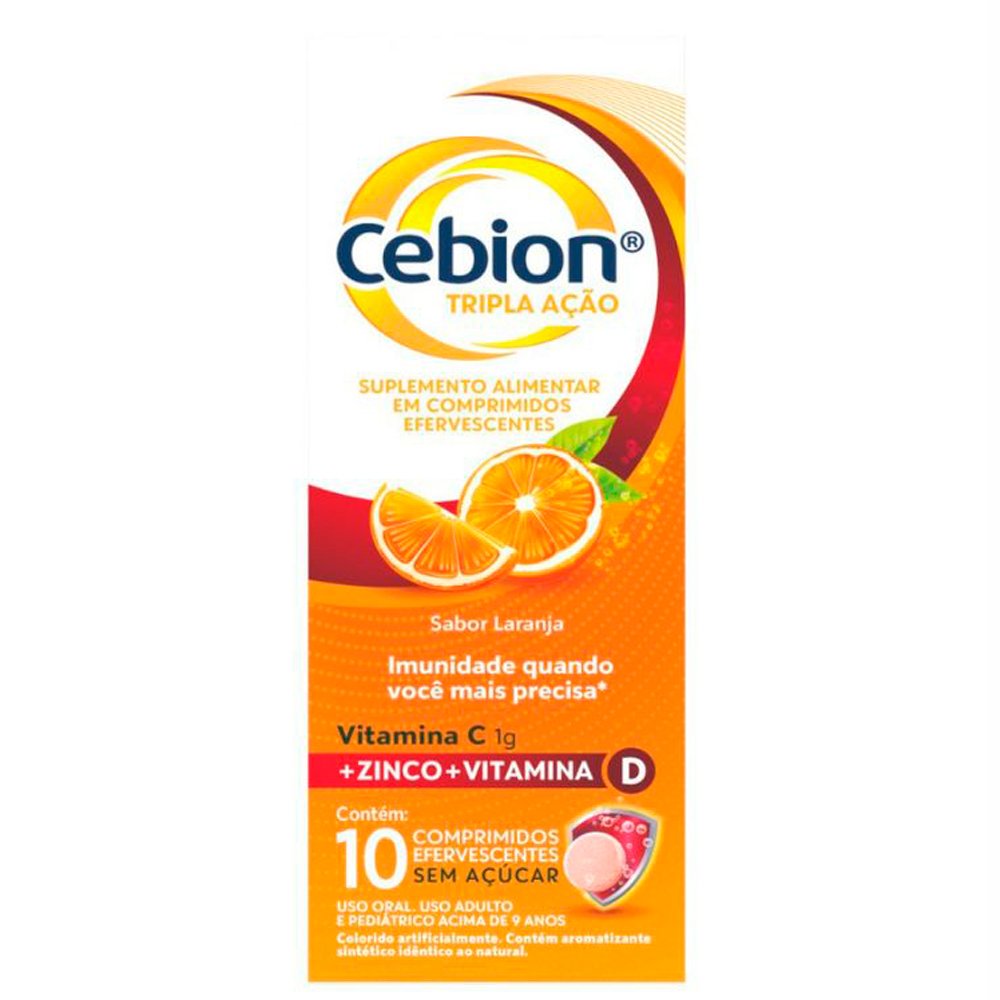 Vitamina C Efervescente Cebion Sabor Laranja Tripla Ação 10 comprimidos