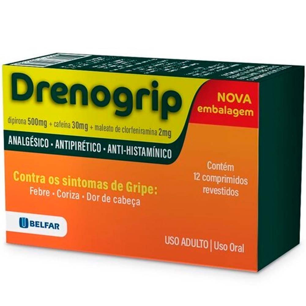 Drenogrip 12 Comprimidos Revestidos Dipirona 500mg + Cafeína 30mg ...
