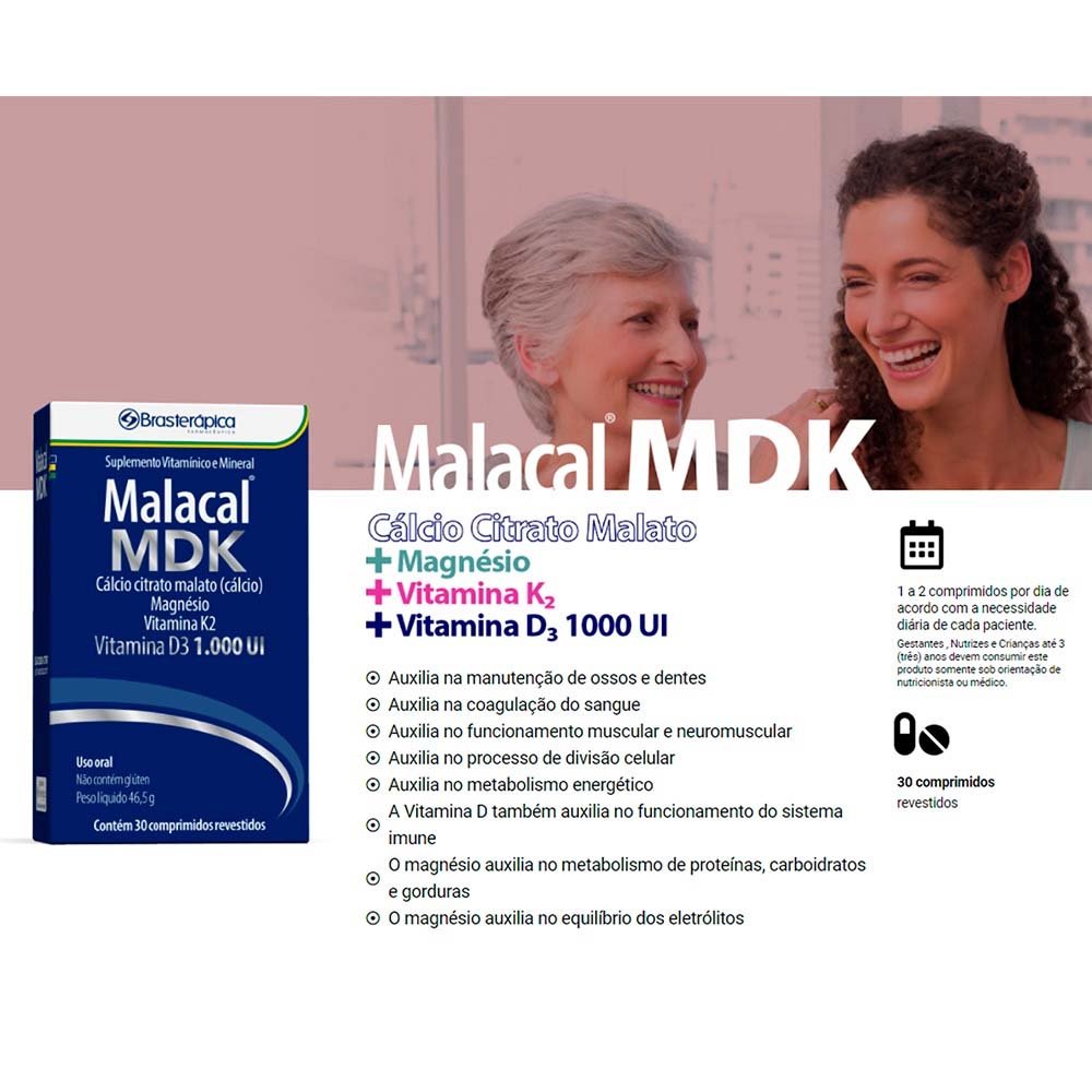 Malacal MDK Cálcio Citrato Malato Magnésio Vitamina K2 D3 1.000UI 30 ...