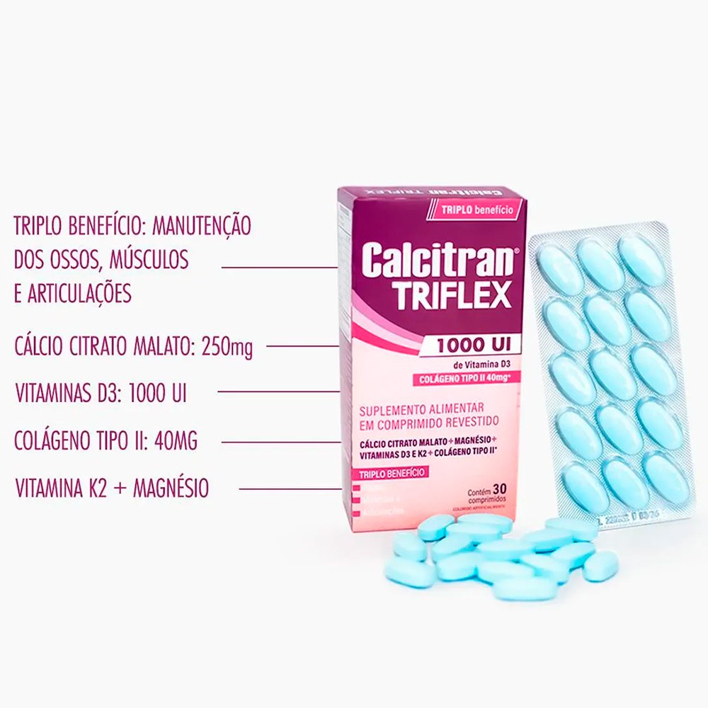 Calcitran Triflex 1000UI 60 Comprimidos Revestidos Cálcio Magnésio Vit D3 K2 Colágeno