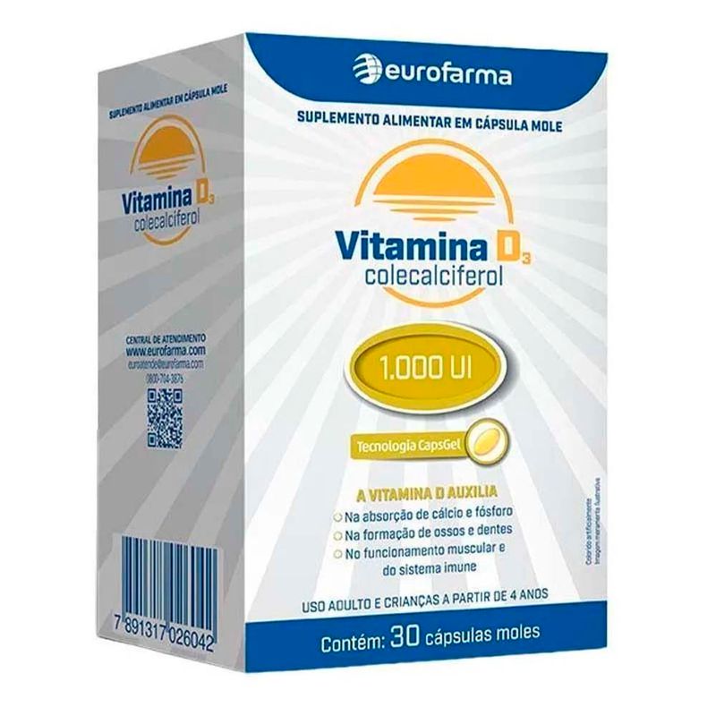 Vitamina D3 Colecalciferol 1.000UI 30 Cápsulas Eurofarma