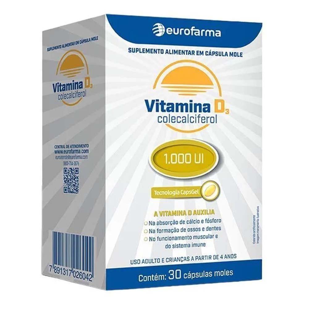 Vitamina D3 Colecalciferol 1.000UI 30 Cápsulas Eurofarma