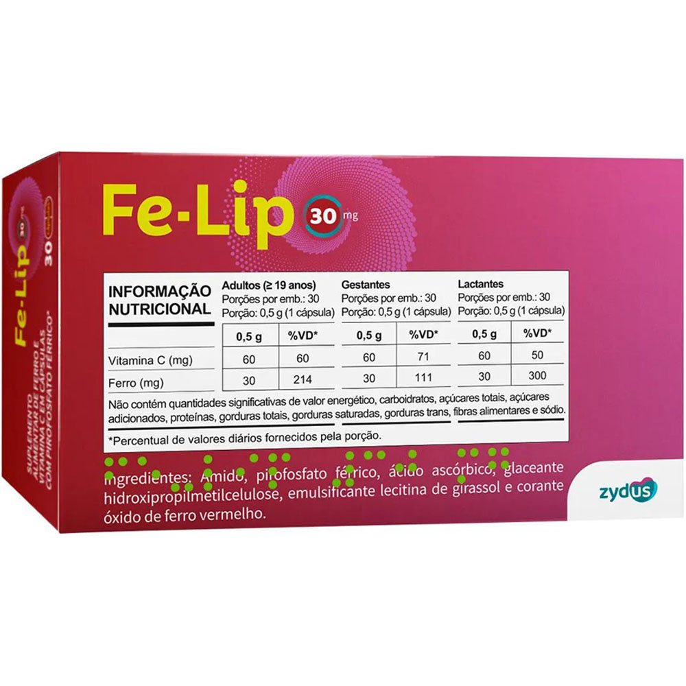 Fe-Lip 30mg 30 Cápsulas Suplemento Alimentar Ferro e Vitamina C ...